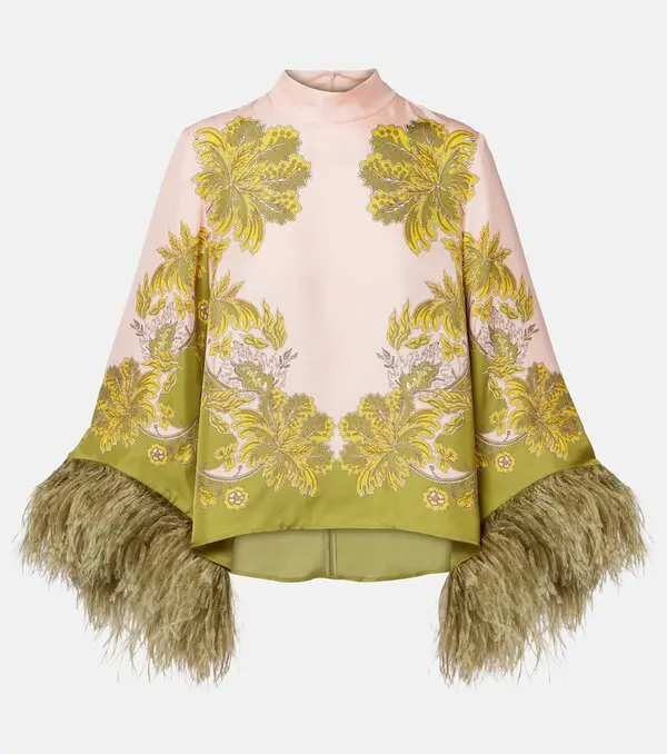 La DoubleJ Feather-trimmed Silk Twill Top - Multicoloured