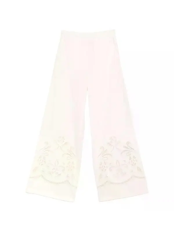 FORTE_FORTE Ivory Beige Floral Embroidered Palazzo Pants
