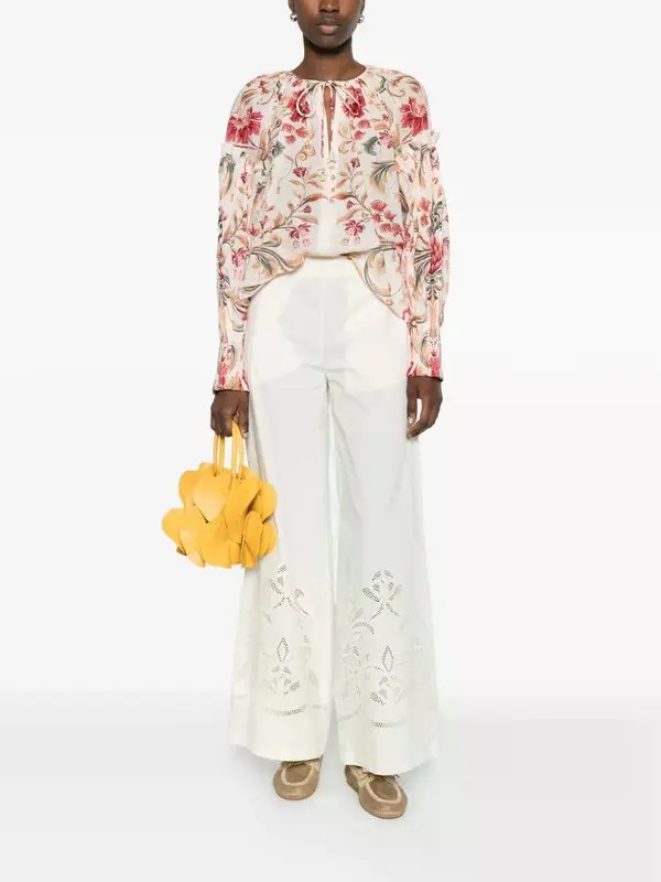 FORTE_FORTE Ivory Beige Floral Embroidered Palazzo Pants