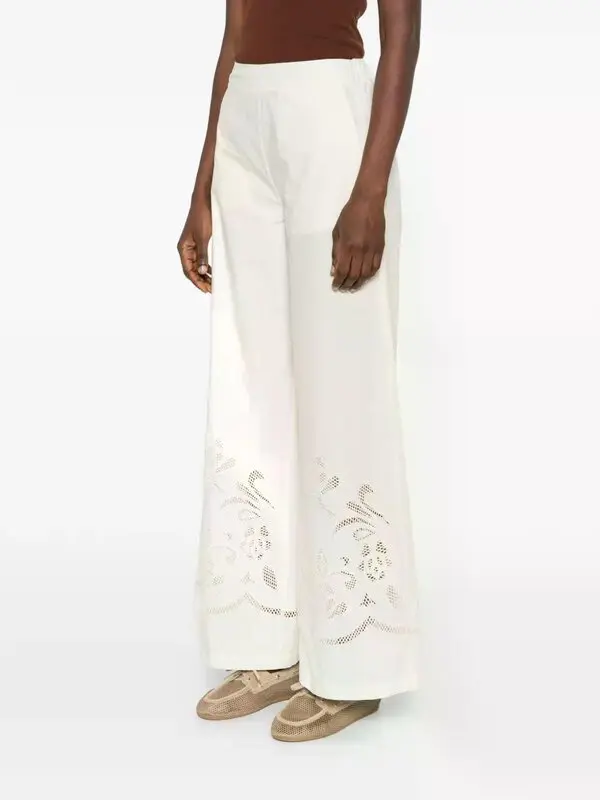 FORTE_FORTE Ivory Beige Floral Embroidered Palazzo Pants