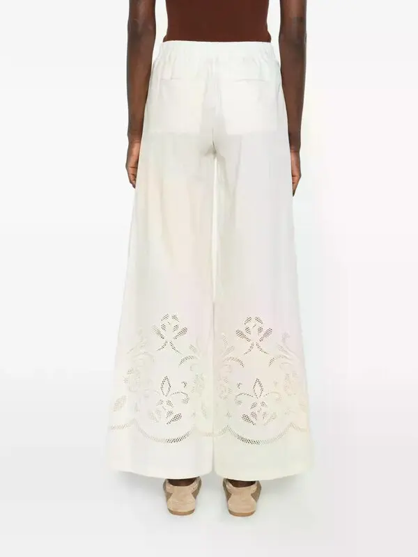 FORTE_FORTE Ivory Beige Floral Embroidered Palazzo Pants