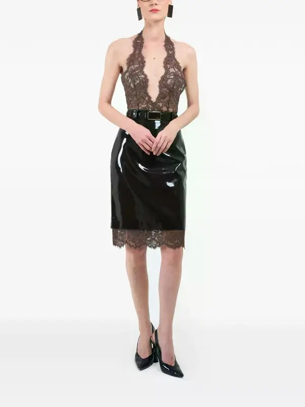 ROWEN ROSE Vinyl Lace Midi Skirt - Brown