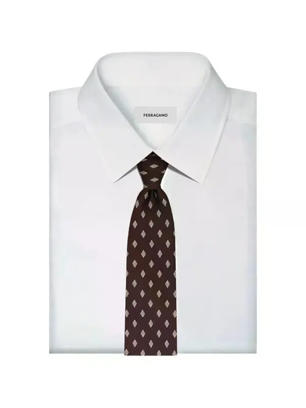 FERRAGAMO Micro Gancini Print Silk Tie - Brown