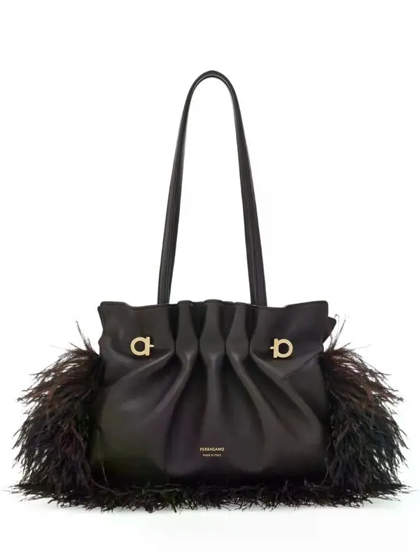 FERRAGAMO Nappa Leather Feather Trim Soft Bag