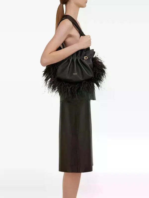 FERRAGAMO Nappa Leather Feather Trim Soft Bag