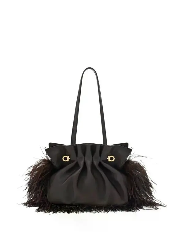 FERRAGAMO Nappa Leather Feather Trim Soft Bag