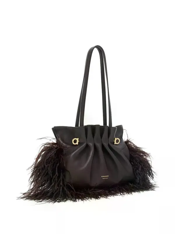 FERRAGAMO Nappa Leather Feather Trim Soft Bag