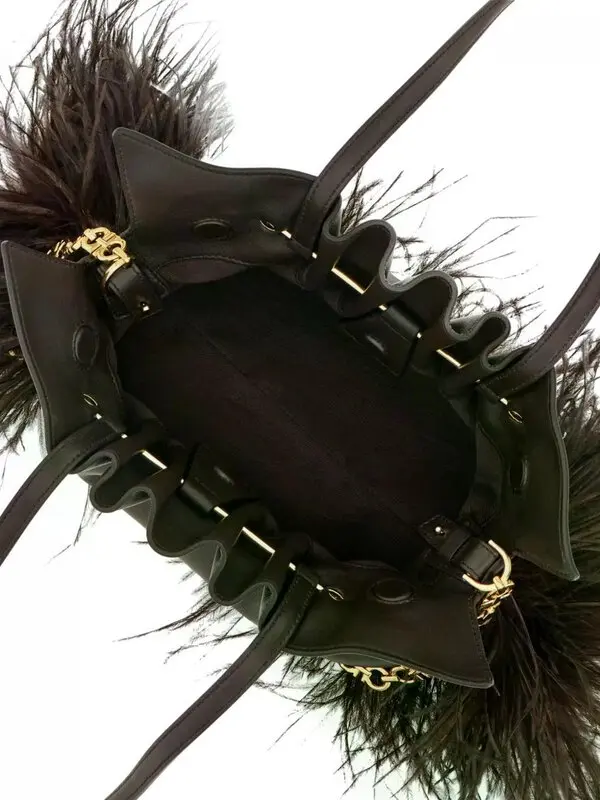 FERRAGAMO Nappa Leather Feather Trim Soft Bag