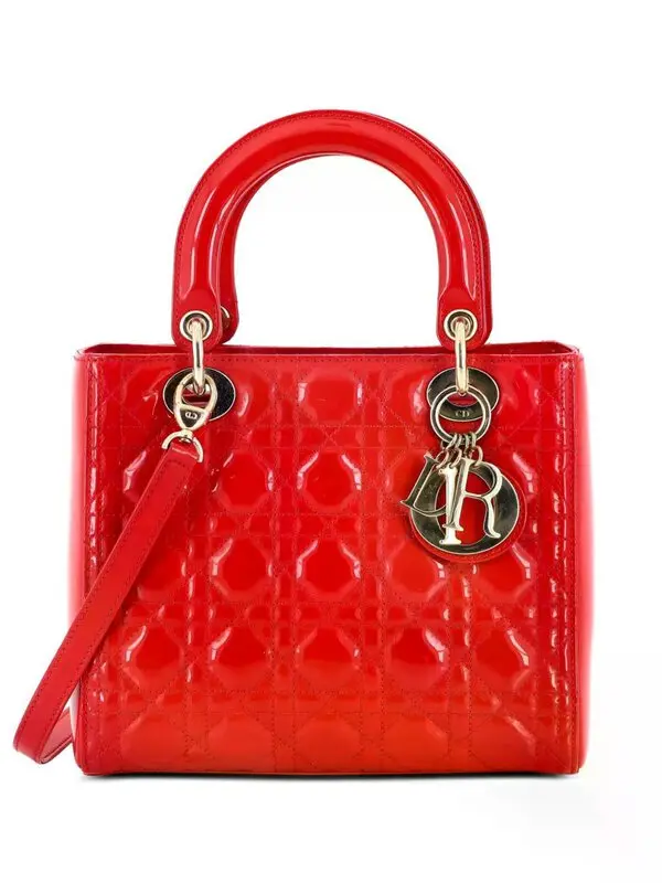 Dior Lady Medium Satchel Cannage Quilt Patent - Red