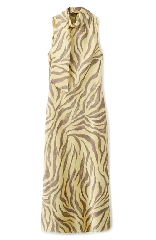 Mango Zebra Stripe Midi Dress With Scarf Detail - Yellow