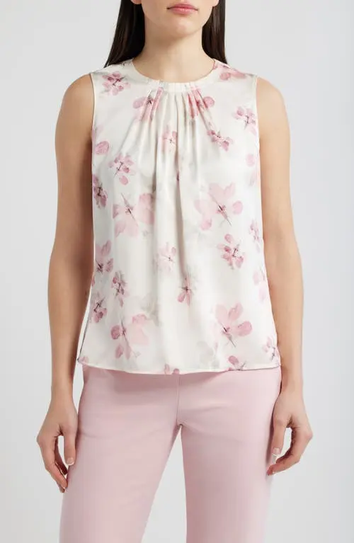 Anne Klein Print Sleeveless Pleat Top - White Dove Multi