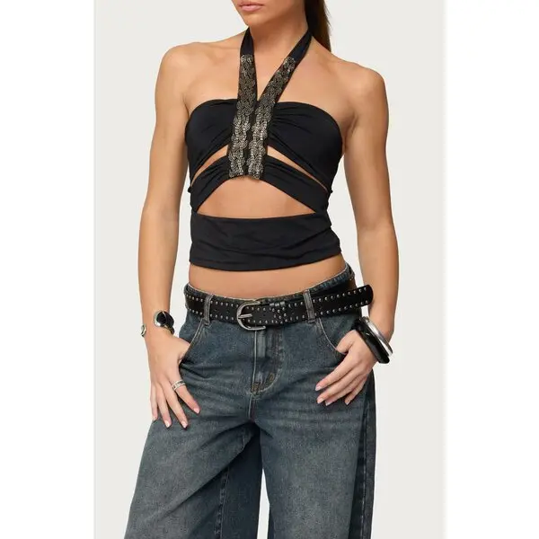 EDIKTED Cutout Beaded Halter Top - Black