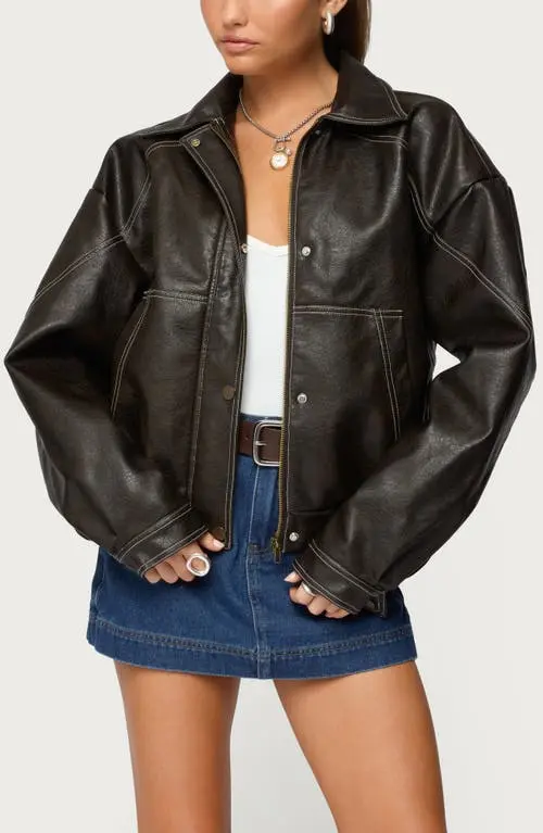 EDIKTED Faux Leather Oversized Jacket - Dark-brown