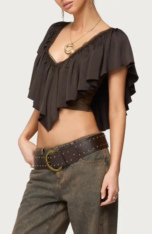 EDIKTED Deena Ruffle V-neck Top - Dark-gray