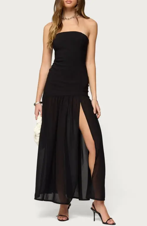 EDIKTED Strapless Mixed Media Maxi Dress