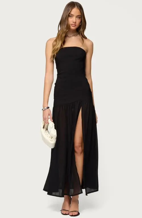 EDIKTED Strapless Mixed Media Maxi Dress