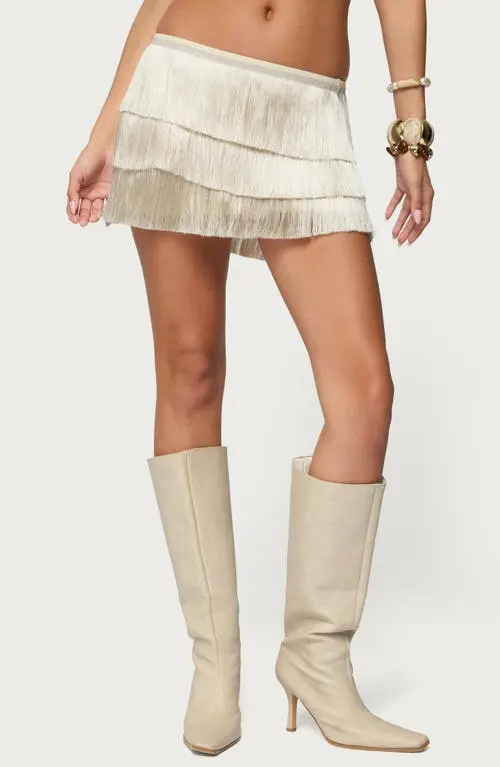 EDIKTED Sarai Tiered Fringe Miniskirt - Cream