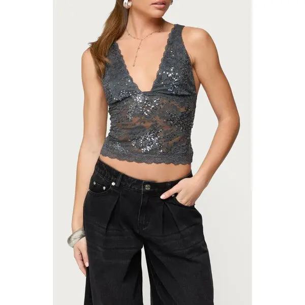EDIKTED Isaela Sequin Lace Tank