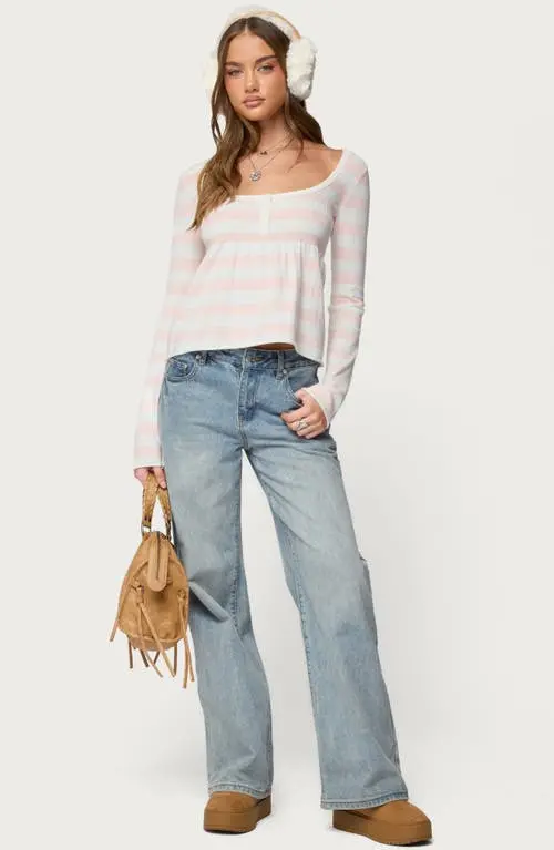 EDIKTED Striped Knit Babydoll Top - Light-pink