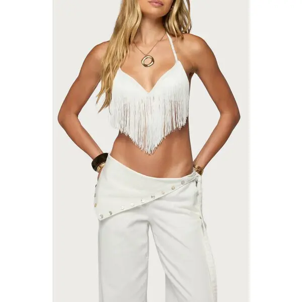 EDIKTED Kienna Fringe Bra Top - White