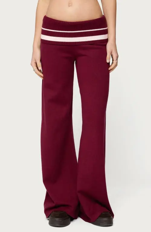 EDIKTED Striped Fold-over Sweater Pants - Burgundy