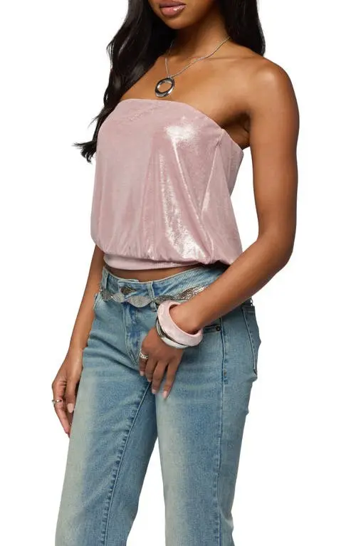 EDIKTED Leira Shimmer Strapless Blouson Top - Pink