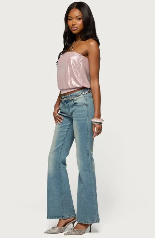 EDIKTED Leira Shimmer Strapless Blouson Top - Pink