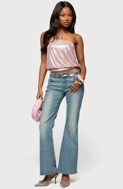 EDIKTED Leira Shimmer Strapless Blouson Top - Pink