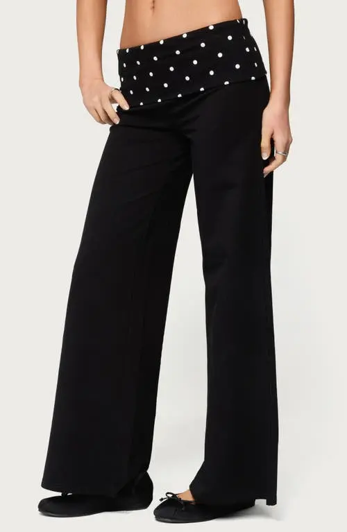 EDIKTED Polka Dot Foldover Wide Leg Pants - Black