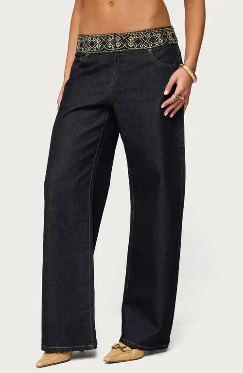 EDIKTED Carlie Beaded Embroidered Low Rise Wide Leg Jeans