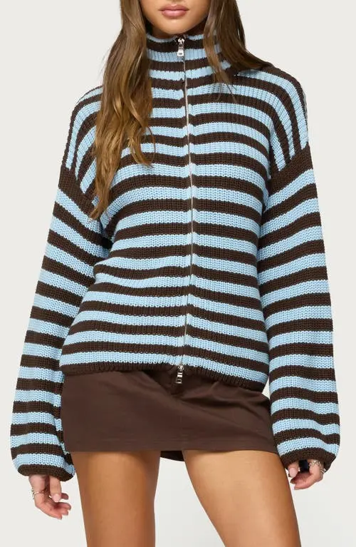 EDIKTED Striped Mock Neck Zip Sweater