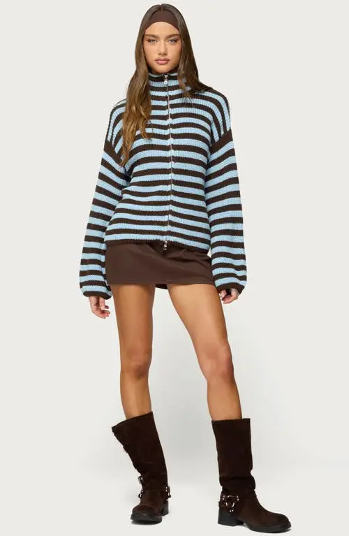 EDIKTED Striped Mock Neck Zip Sweater
