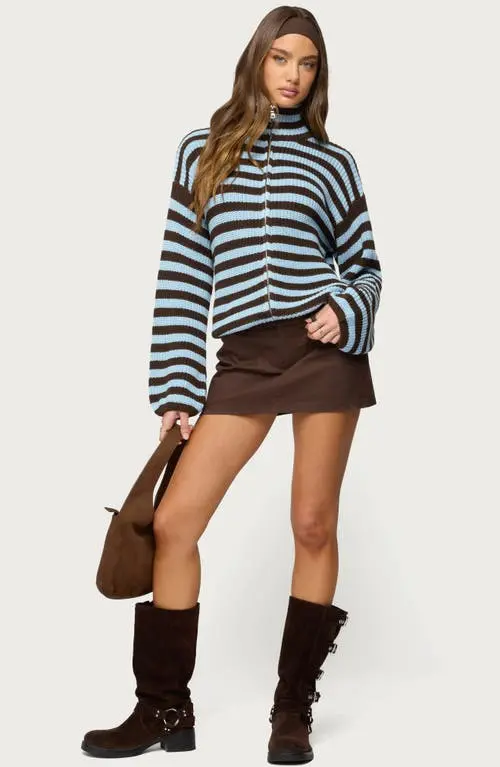 EDIKTED Striped Mock Neck Zip Sweater