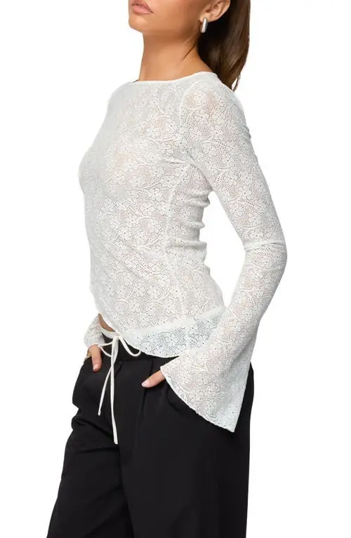EDIKTED Asymmetric Sheer Lace Top - White