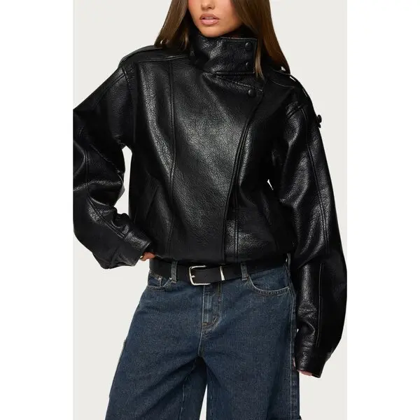 EDIKTED Faux Leather Jacket With Stand Collar