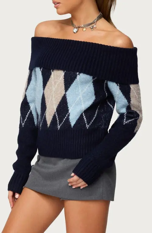 EDIKTED Jakarie Argyle Off The Shoulder Sweater