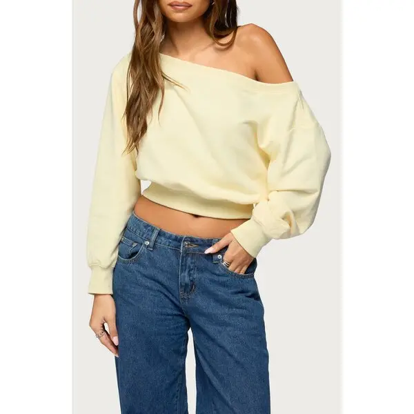 EDIKTED Cotton Blend Off The Shoulder Sweatshirt - Yellow