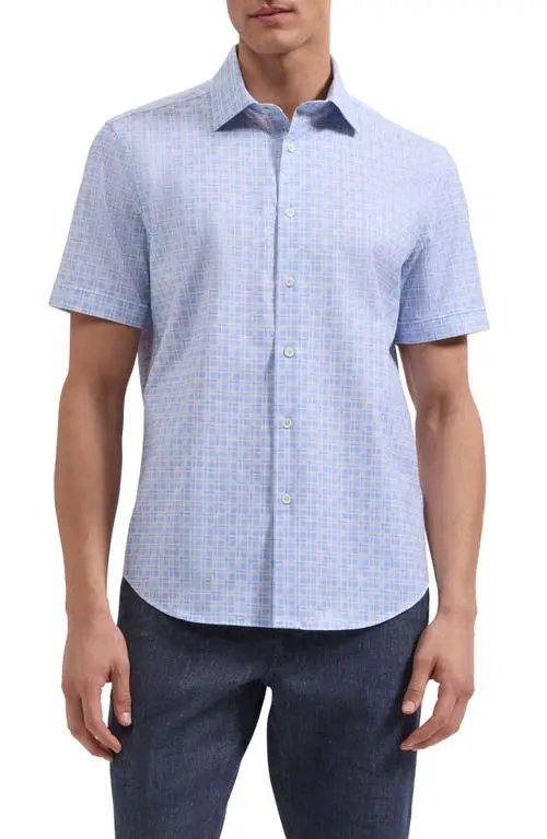 Bugatchi Miles Ooohcotton® Check Print Short Sleeve Button-up Shirt - Air Blue