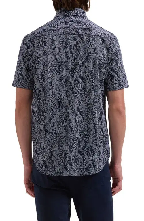 Bugatchi Miles Ooohcotton® Palm Leaf Print Short Sleeve Button-up Shirt - Navy