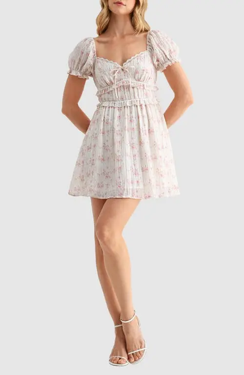 ALL IN FAVOR Floral Print Puff Sleeve Smocked Minidress - Cream Pink