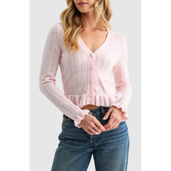 ALL IN FAVOR Pointelle Ruffle Hem Crop Cardigan - Light Blush