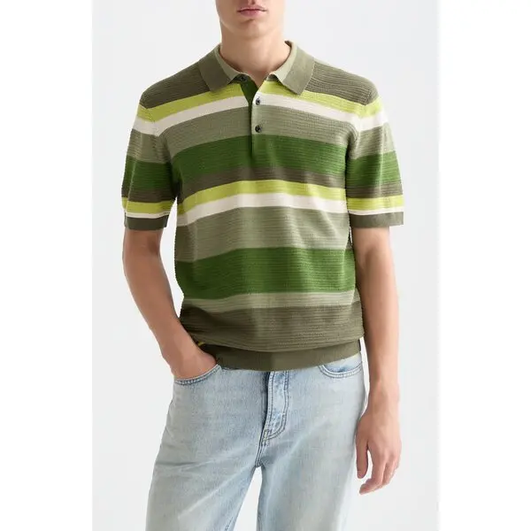 Scotch & Soda Stripe Textured Polo - Garden Green Stripe