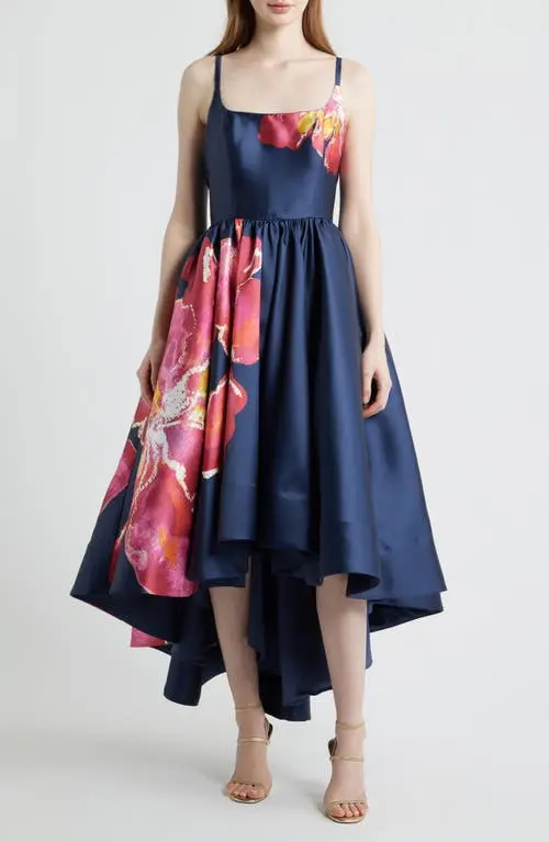 HUTCH Shyloh Floral Mikado High-low Gown - Navy/raspberry Watercolor