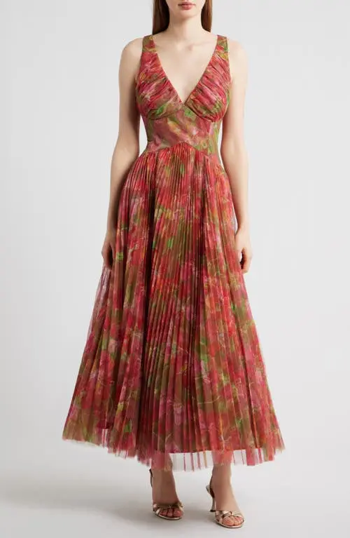 HUTCH Eliana Floral Pleated Gown - Pink/olive Multi Watercolor