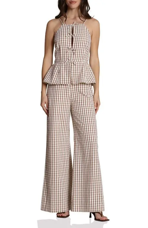 Avec Les Filles Check Bow Tie Front Peplum Jumpsuit - Cream And Brown