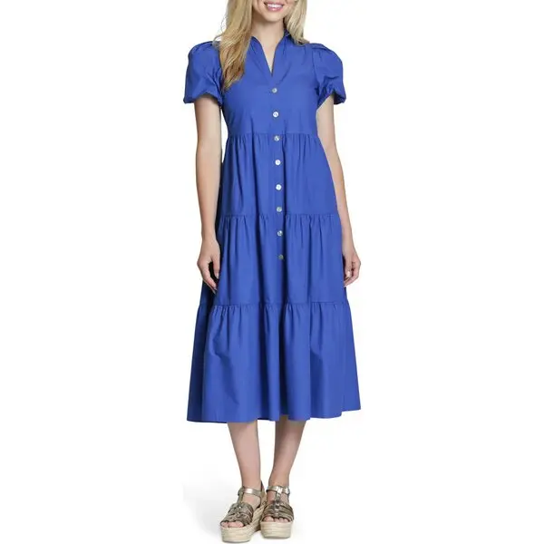 APNY Puff Sleeve Tiered Midi Dress - Dazzling Blue