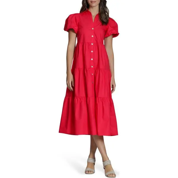 APNY Puff Sleeve Tiered Midi Dress - Red