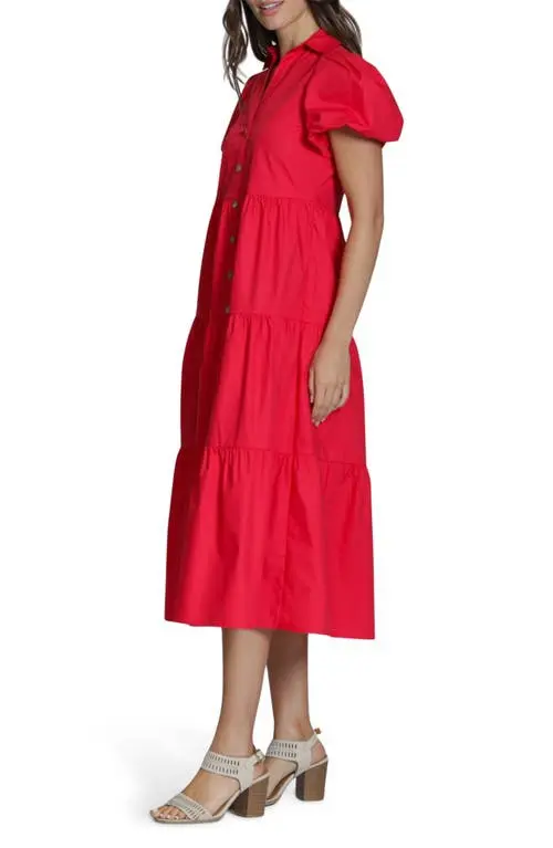 APNY Puff Sleeve Tiered Midi Dress - Red
