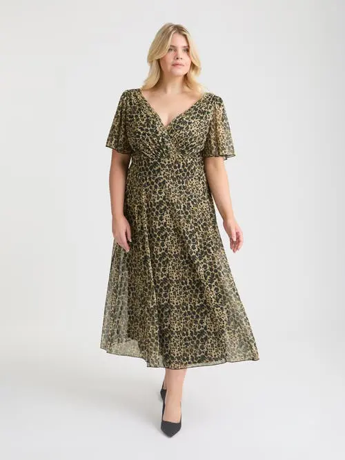 SCARLETT & JO Victoria Angel Sleeve Midi Dress - Leopard Print