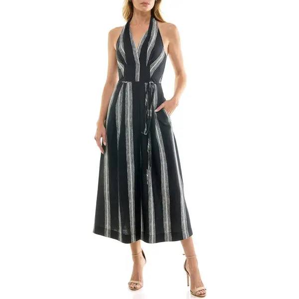 SOCIALITE Stripe Halter Midi Dress - Black/ivory